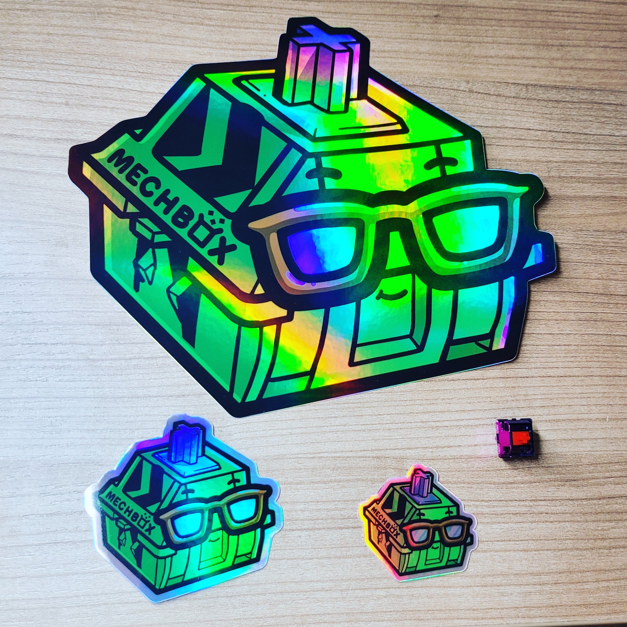 Mechbox Sticker - Holographic Green Switch (2 inch) - Mechbox Ltd